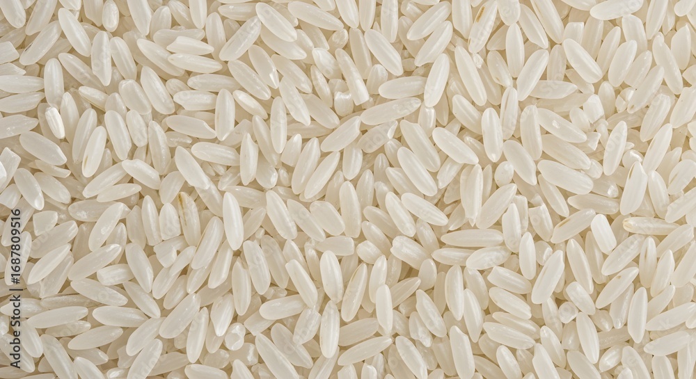 Macro view of white uncooked rice grains spread evenly, perfect for ...