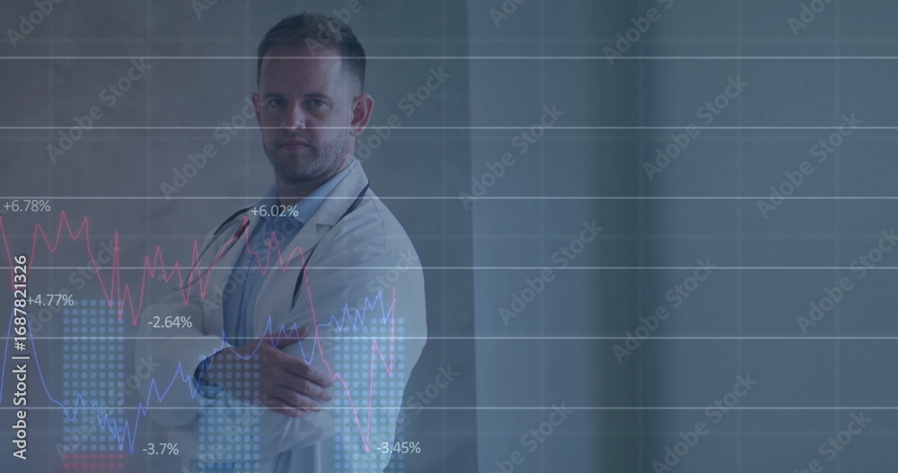 Displaying chart overlay, doctor crossing arms in clinic, with coat and ...