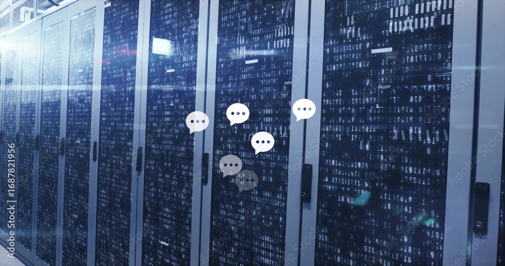 Presenting row of server rack cabinets showing status LEDs in data center aisle, with chat ...