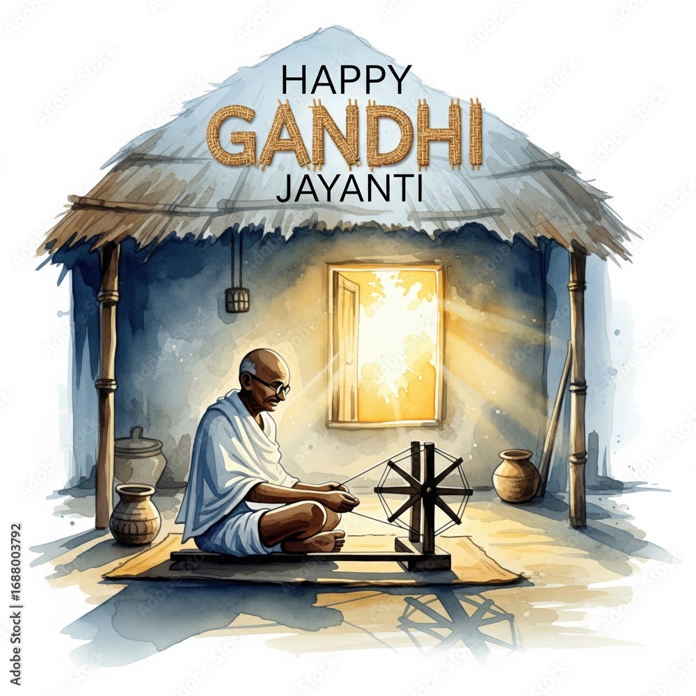 Mahatma Gandhi spinning Charkha in a rustic hut watercolor style indian ...
