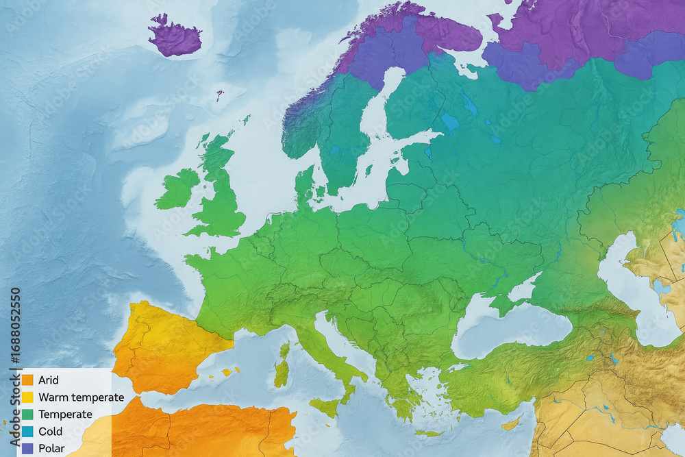 Europe Climate Zones Map with Color- Coded Legend and Topography ...