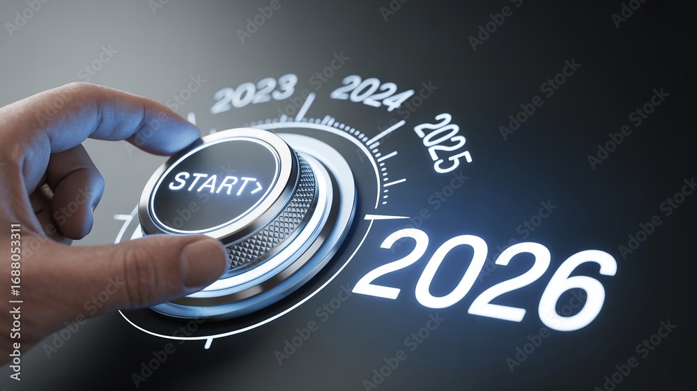 Hand turning dial to start 2026, futuristic concept of new beginnings ...