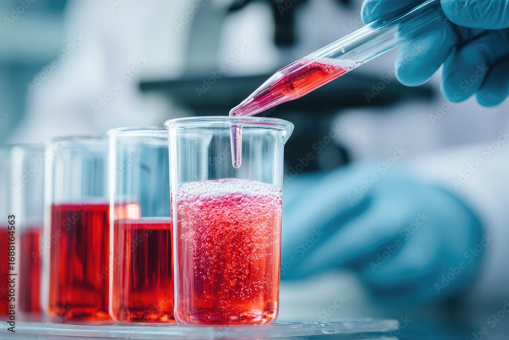 Lab technician adding red liquid to beakers Stock Photo | Adobe Stock