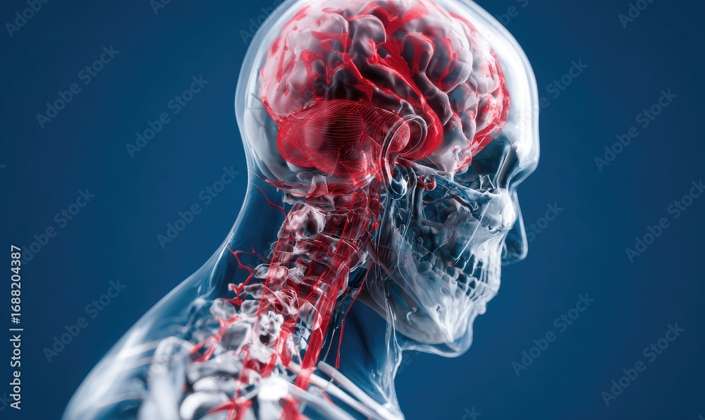 3D anatomical rendering of a head and neck, highlighting the brain ...