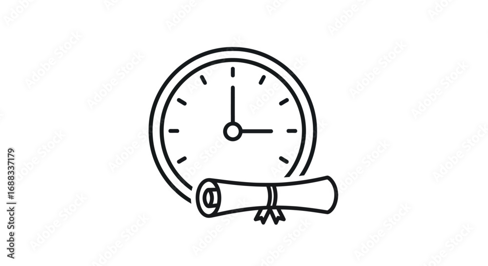 Line art icon of a clock and diploma scroll, symbolizing education time ...