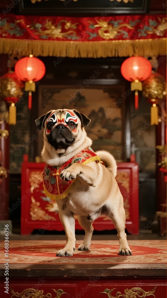 Pug dog dressed in traditional Chinese opera costume, standing on a red ...