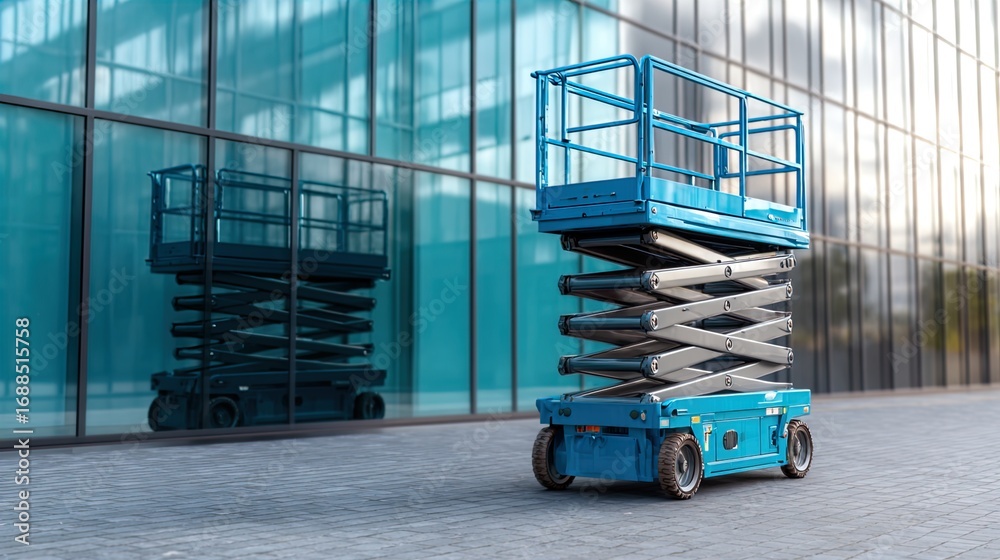 Bright Blue Electric Scissor Lift Fully Extended on a Paved Ground ...