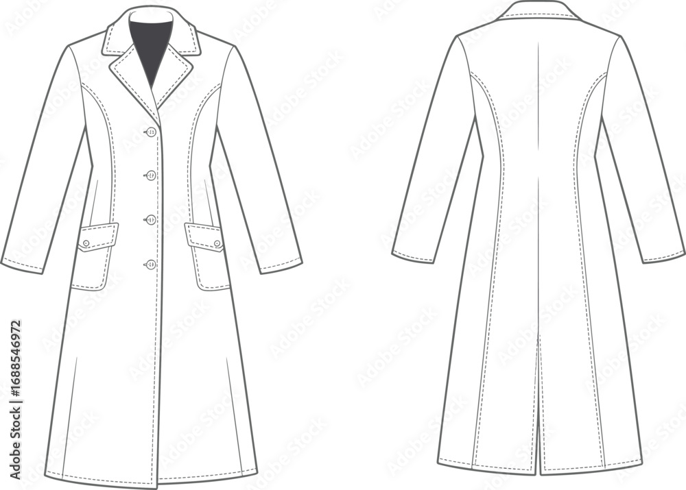 Long trench coat fashion design, stylish outerwear garment sketch ...