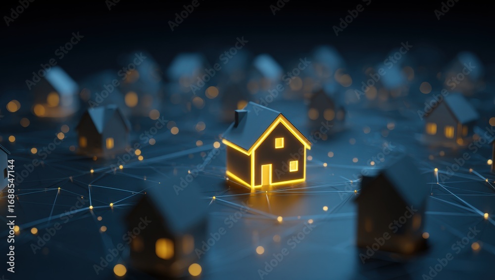 A central house highlighted by glowing yellow lines, surrounded by a ...