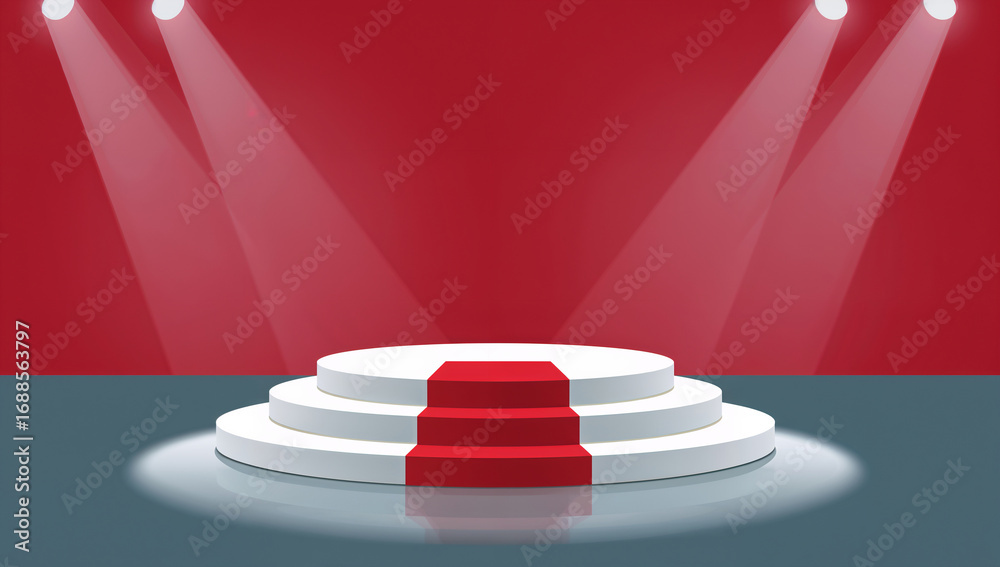 White tiered stage with red carpet under spotlights Stock Photo | Adobe ...