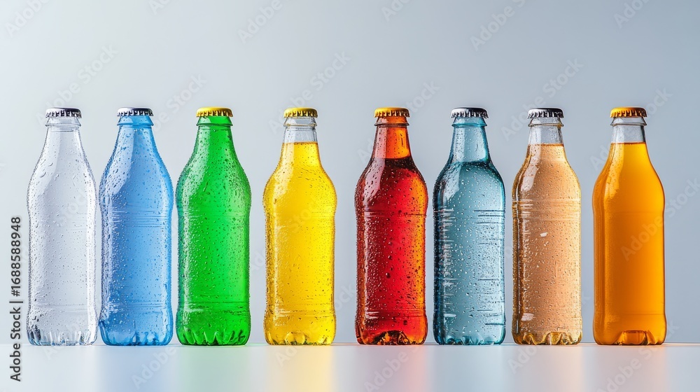 1.A row of seven transparent plastic bottles, each filled with a ...