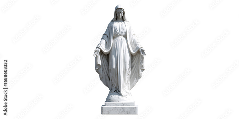 Marble statue of Virgin Mary with open arms, symbol of faith and hope ...