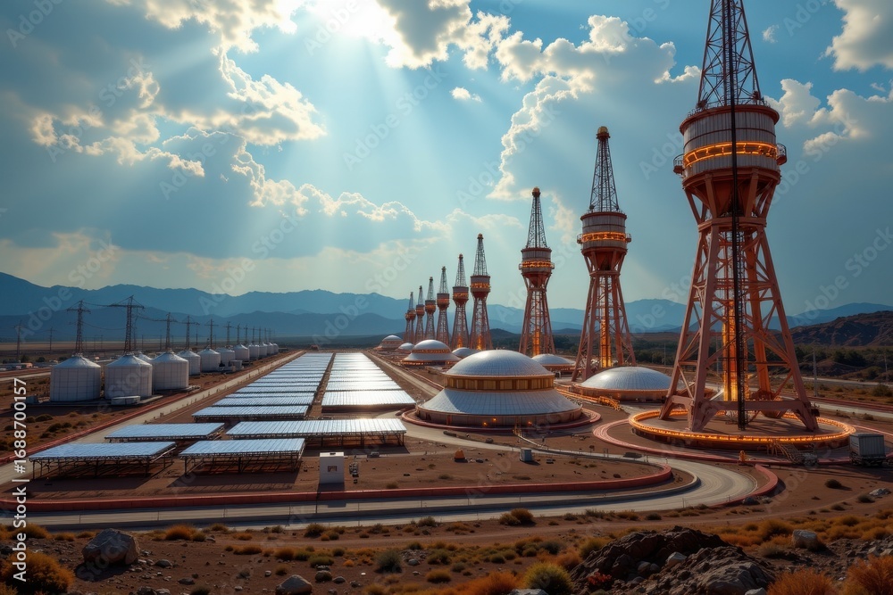 futuristic solar tower facility glowing under sunlight, molten salt ...