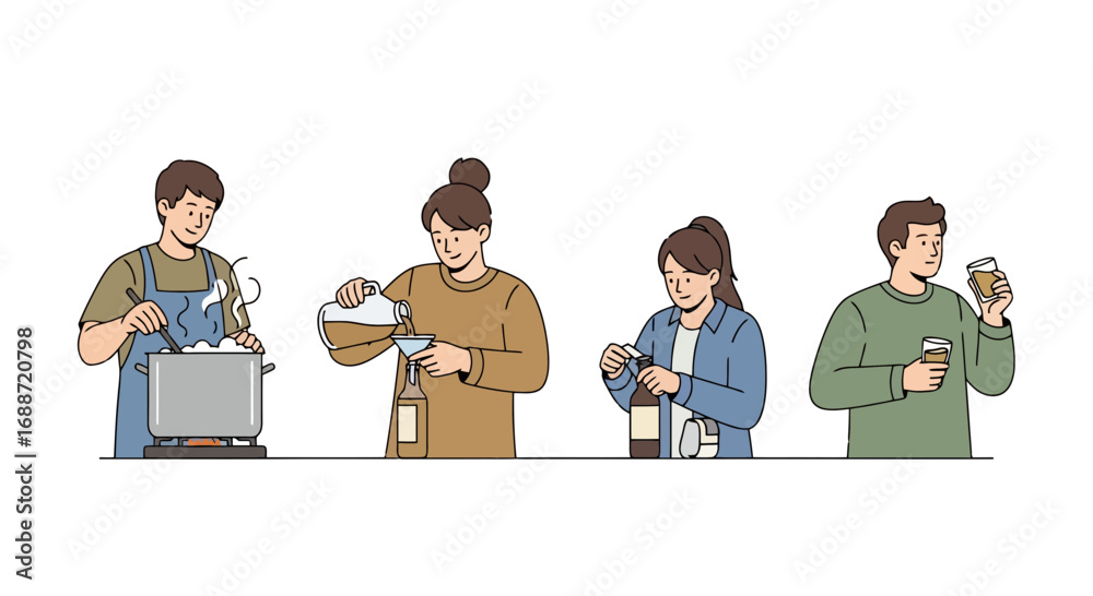 Illustration of diverse people engaged in various stages of food and ...