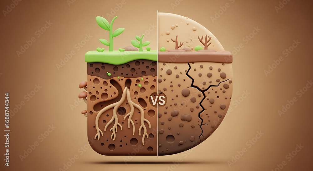 A split image showing healthy soil with plant growth and roots versus ...