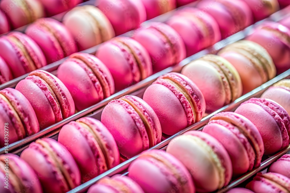 Rows of pink macarons in a display case, a sweet and colorful ...