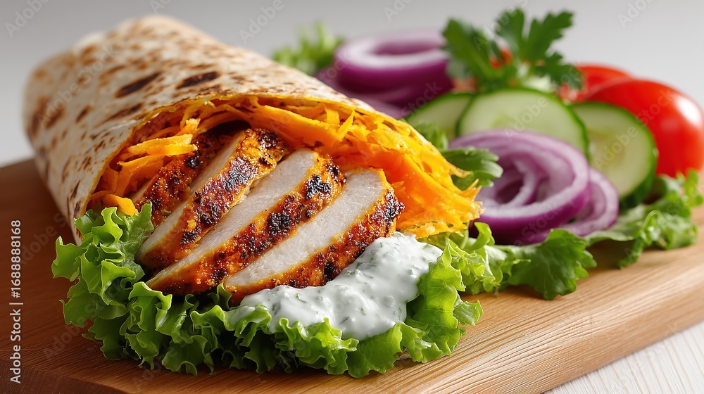 Healthy carrot chicken wrap with fresh vegetables on wooden board ...