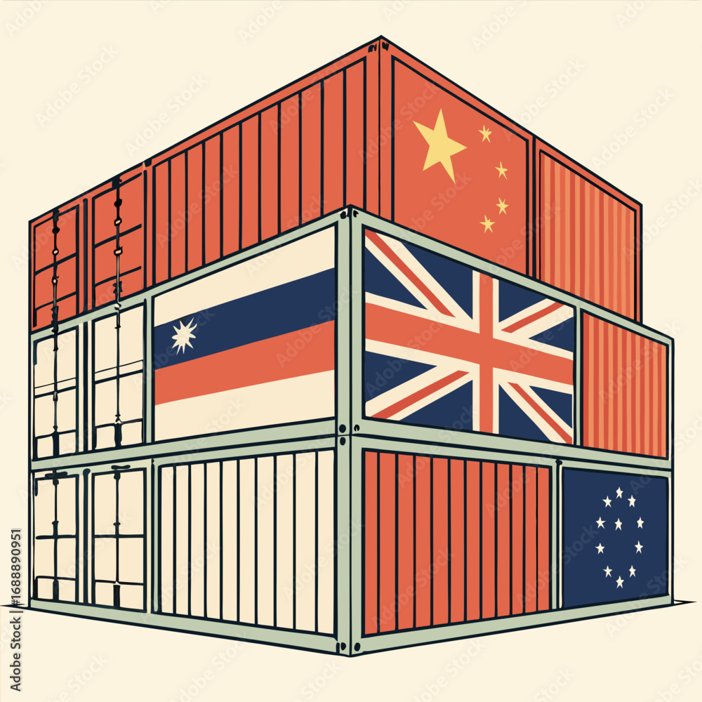 Stacked Cargo Shipping Containers with Flags of Multiple Countries ...