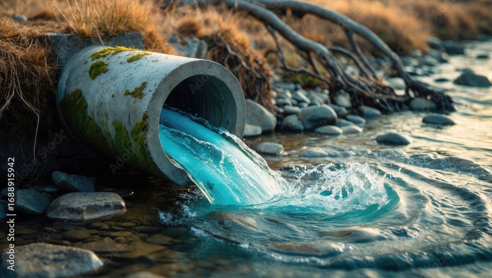 Polluted water flowing from a pipe into a river or stream ...