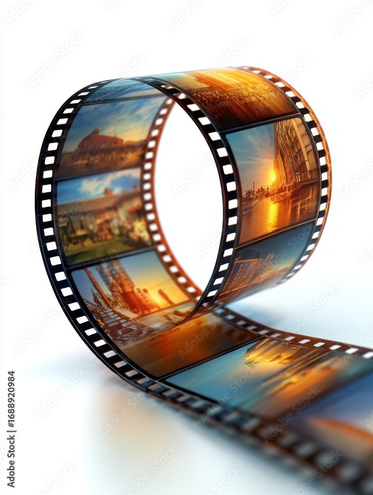 A film strip elegantly curves, displaying vivid scenes of various ...