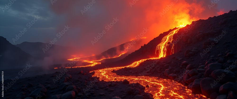 High definition photograph of glowing lava flow flowing down volcanic ...