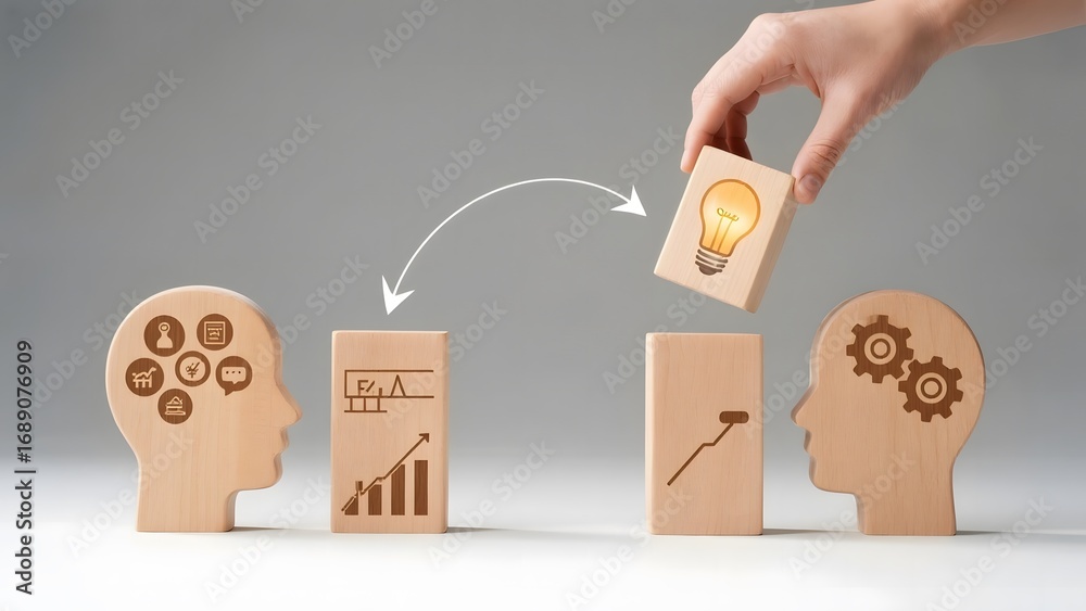 Wooden figures with icons representing knowledge transfer and learning ...