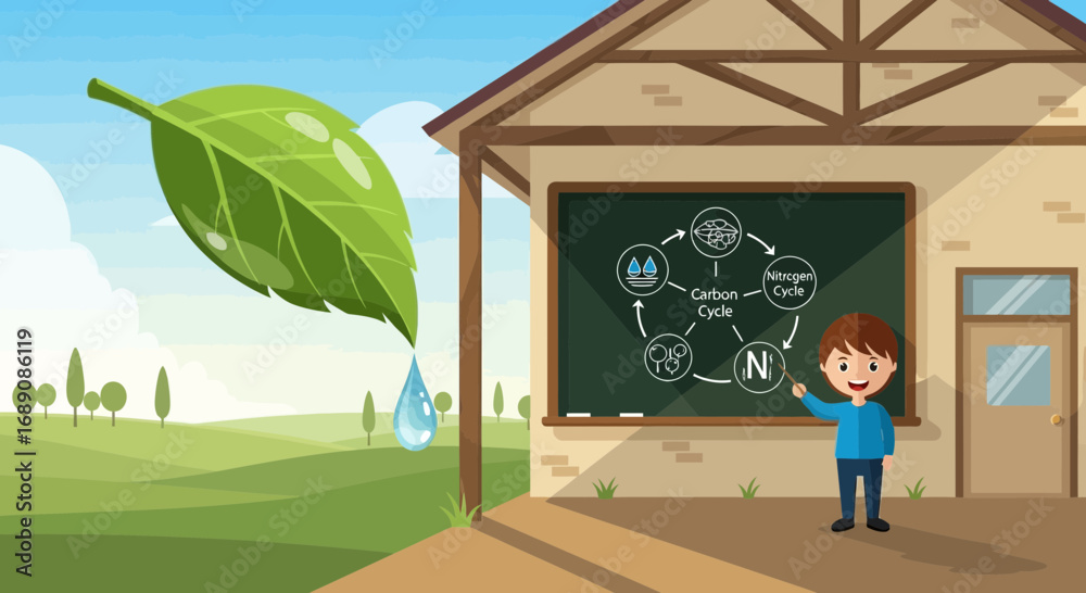 Cartoon illustration of carbon and nitrogen cycle explained by a boy at ...