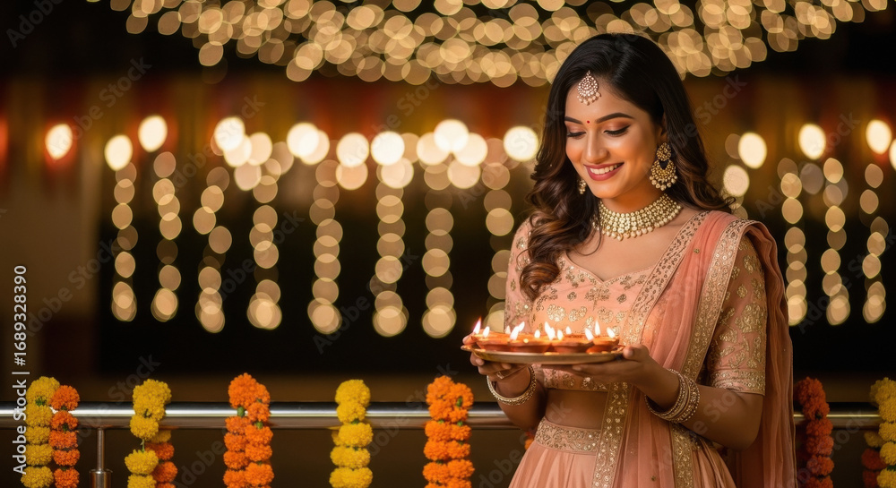 young indian woman holding oil lamp plate on diwali festival at home ...