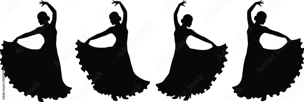 Flamenco dancer silhouette set in elegant poses with flowing dress ...
