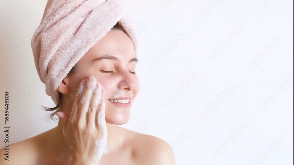 Stock-Foto „Rutina facial: mujer limpiando su rostro con disco de ...