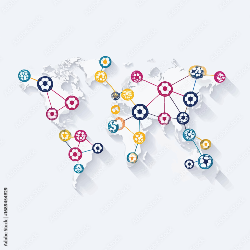 Global soccer network connecting countries worldwide on a world map for ...