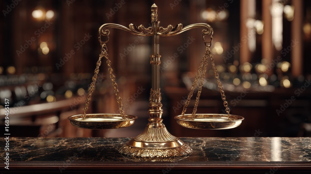 realistic symbolic justice scene showing golden balance scale on a ...