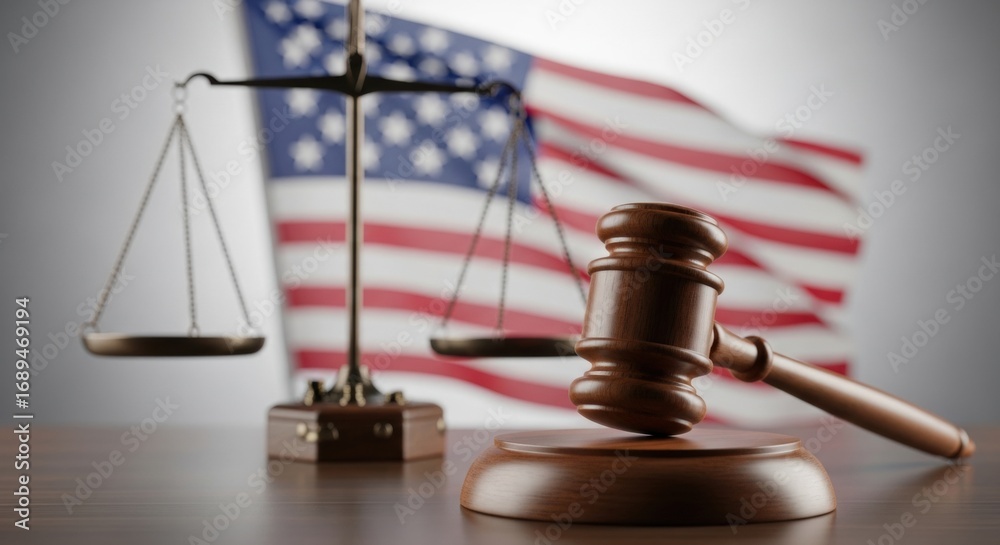 Symbols of American justice: a wooden gavel and balance scales in front ...