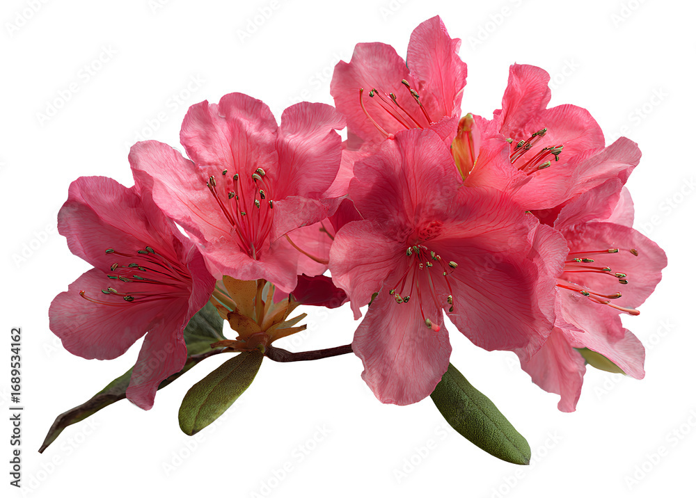pink rhododendron flowers with green leaves, isolated on a transparent ...