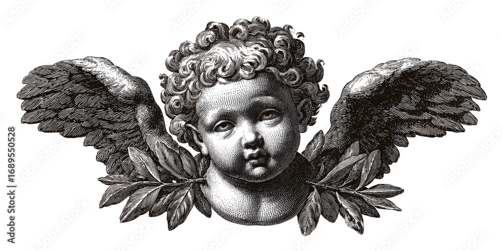 Engraved cherub with wings and laurel wreath, vintage illustration of a ...