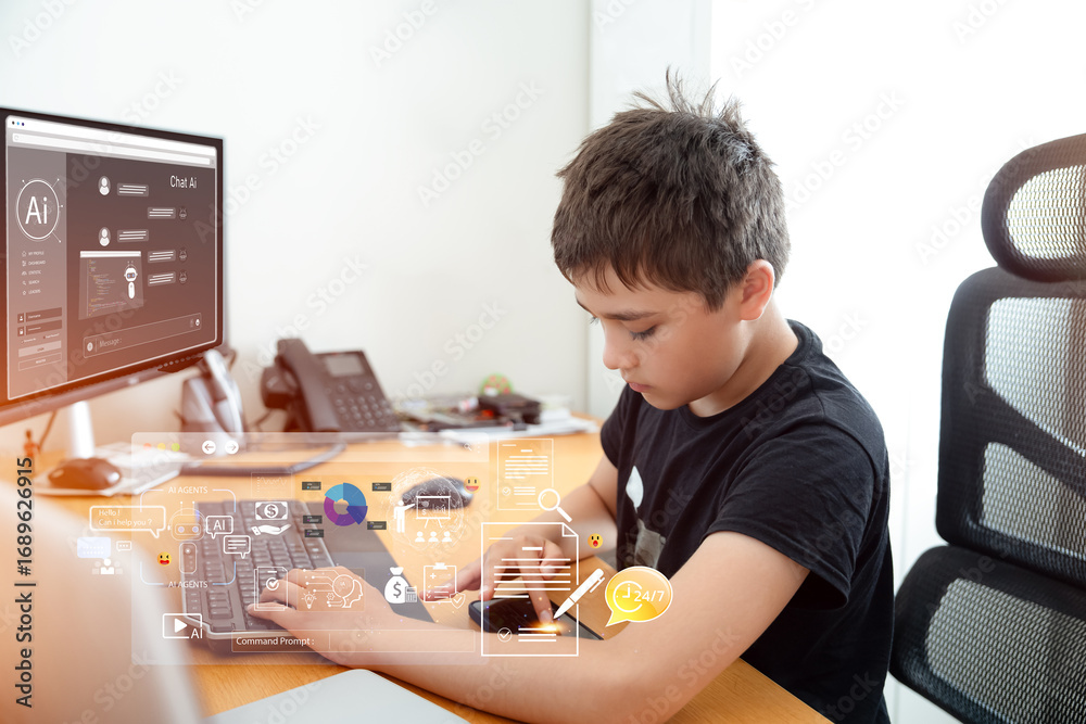 Teen boy studying with tablet and AI interface graphics.Concept of e-learning, artificial ...