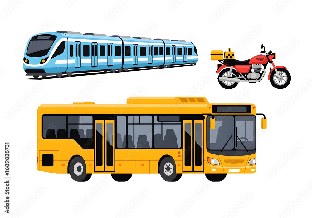 Streamlined public transportation options bus, train, and motorcycle ...