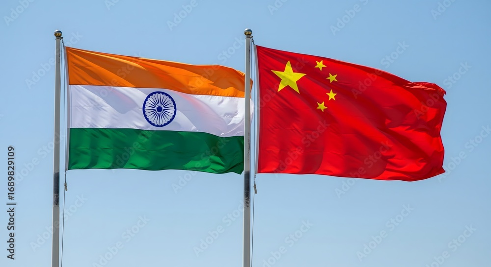 India and China national flags waving side by side on flagpoles against ...