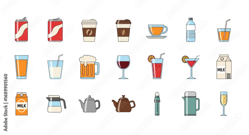 A collection of various beverage and drink icons, including sodas ...