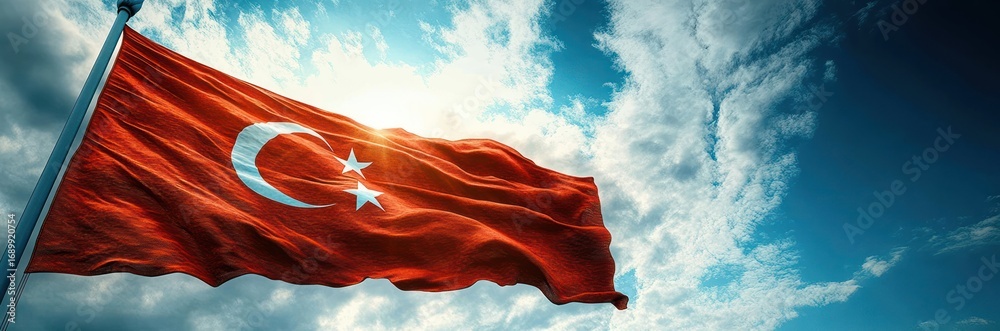 Red flag with white crescent moon and two stars waving against dramatic ...
