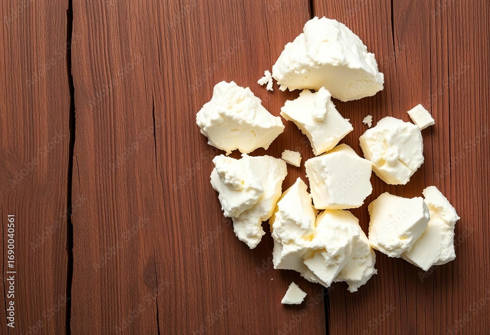 Clumps of creamy homemade cottage cheese, rustic wooden backdrop, top ...
