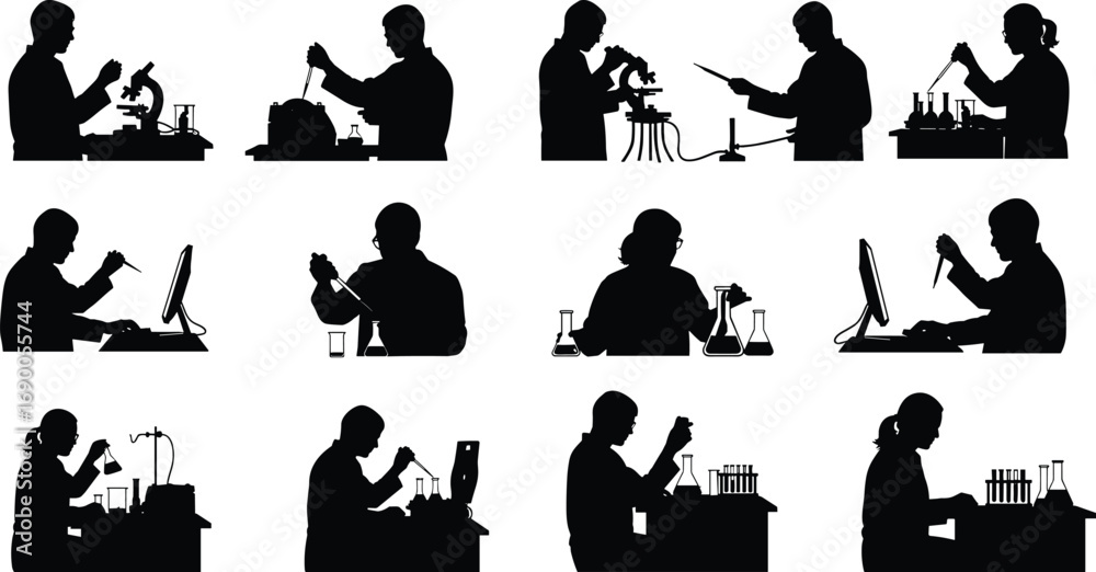 Stock-Vektorgrafik „Scientist silhouettes in laboratory working with ...