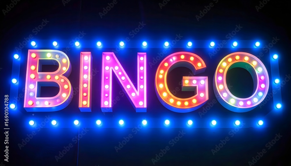 A bright, neon-lit sign with the word BINGO in colorful letters ...