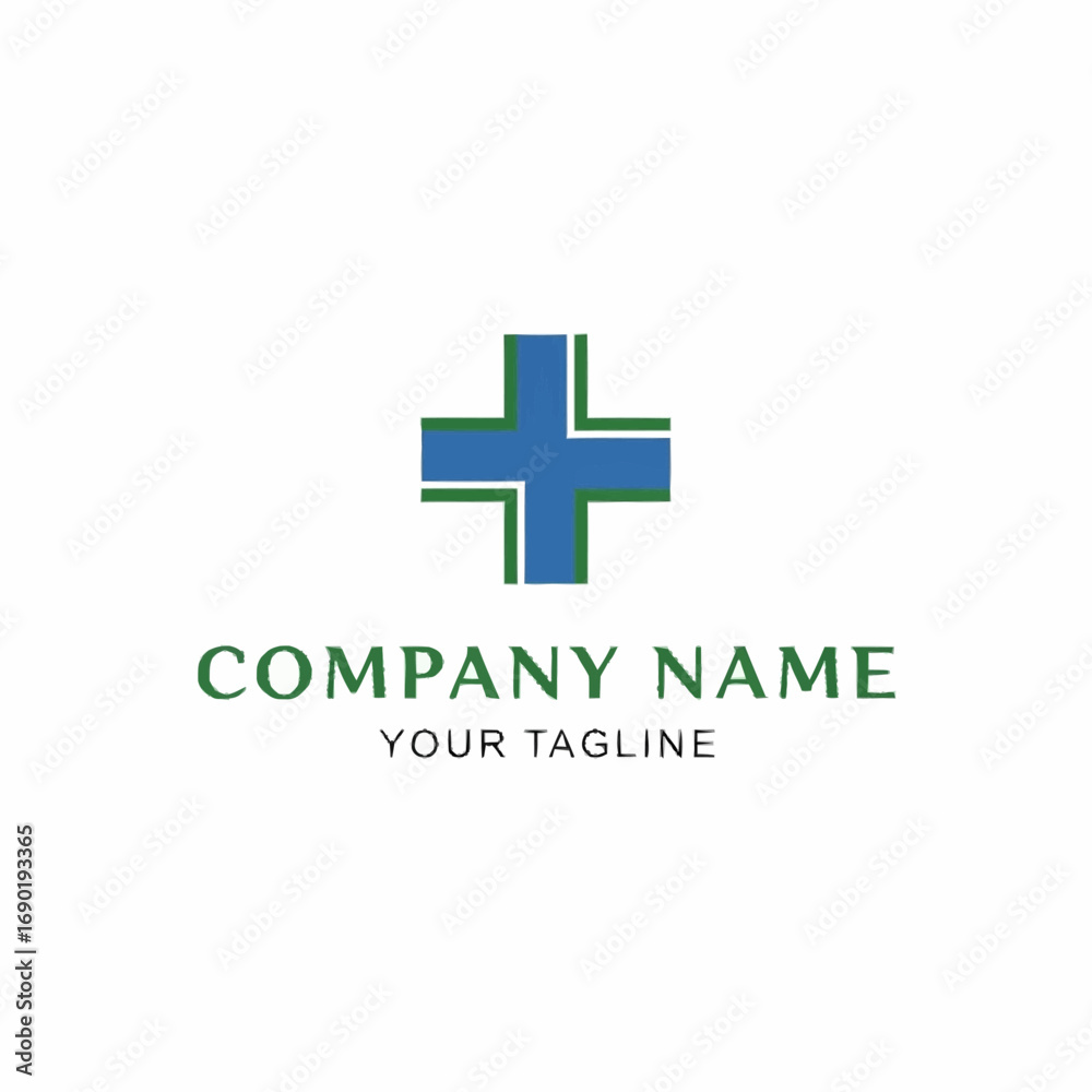 Medical logo with a blue cross and green outline, company name and ...