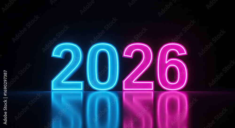 Foto de Stock Neon 2026: Futuristic Glowing Numbers on Reflective ...