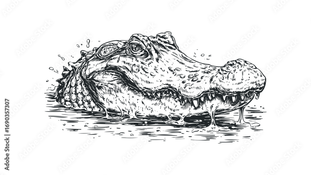 Ink line drawing of an alligator emerging from water with water ...