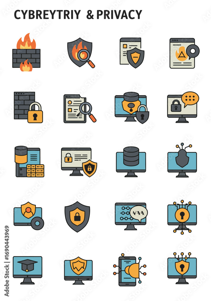 Collection of cybersecurity and privacy icons, depicting firewalls ...