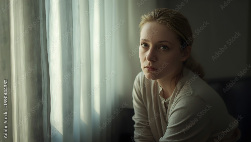 Pensive young woman gazing out window with sheer curtains, conveying ...