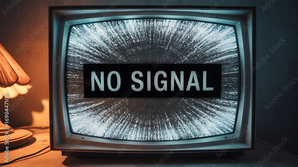 Vintage television screen displays no signal with static and fuzzy ...