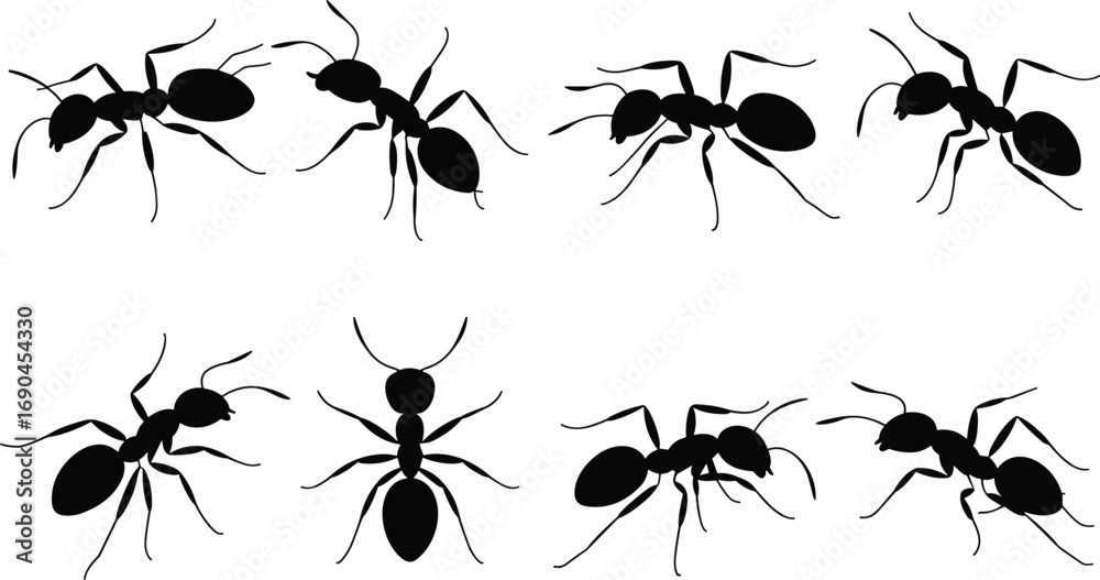 Vector de Stock Ant silhouettes, black insect icons, side view ants ...